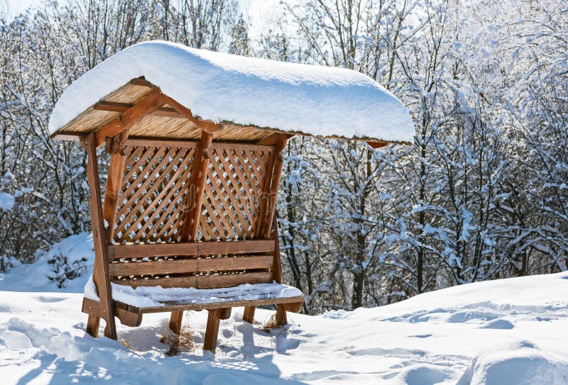 Wooden Awning Bench Covered by Snow Stock Image - Image of landscape ...