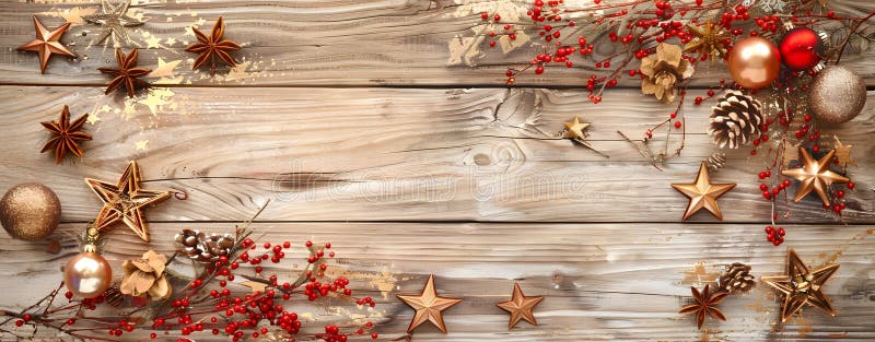 Rustic Christmas Decorations on Wooden Background Stock Illustration ...