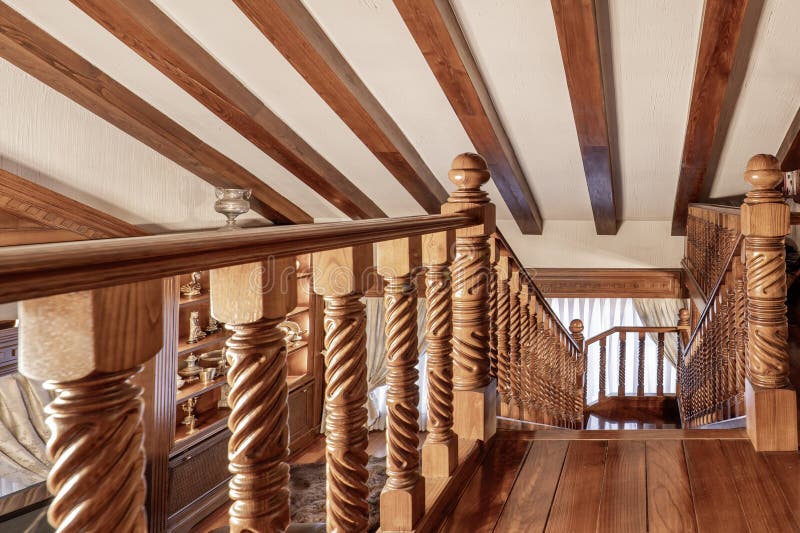 Wooden Balustrade with Railing on an All-wooden Staircase in a Private ...