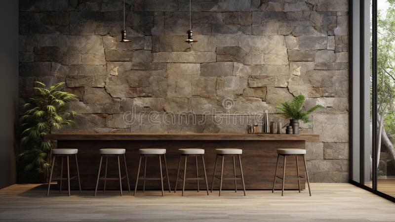 Wooden Bar Counter with Stools in Modern Room with Stone Wall Stock ...
