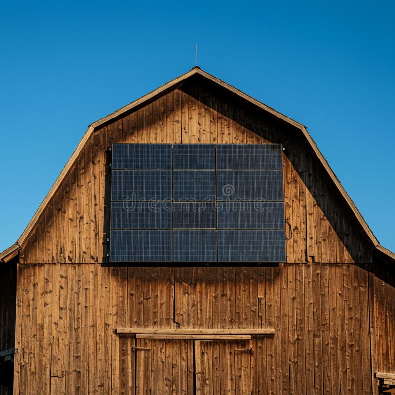 Wooden Barn with a Gabled Roof, Featuring a Large Solar Panel Array ...