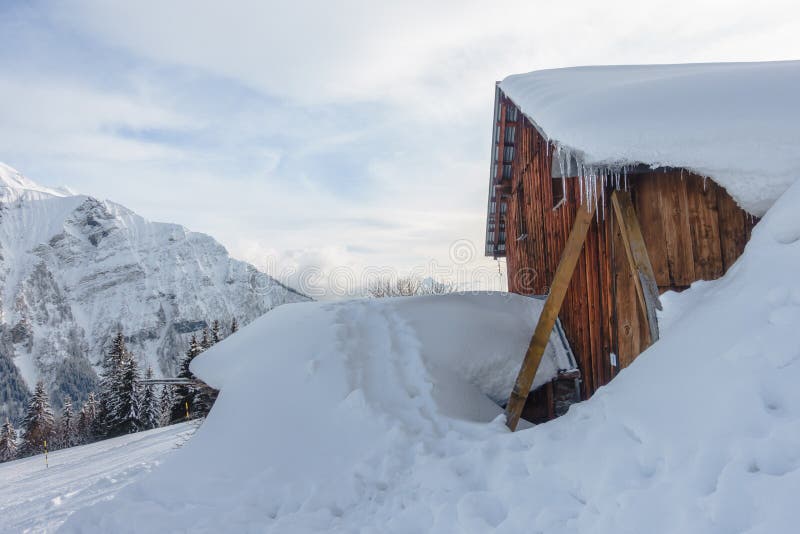 Wooden Barn Under Snow on a Mountain Side Stock Image - Image of cold ...