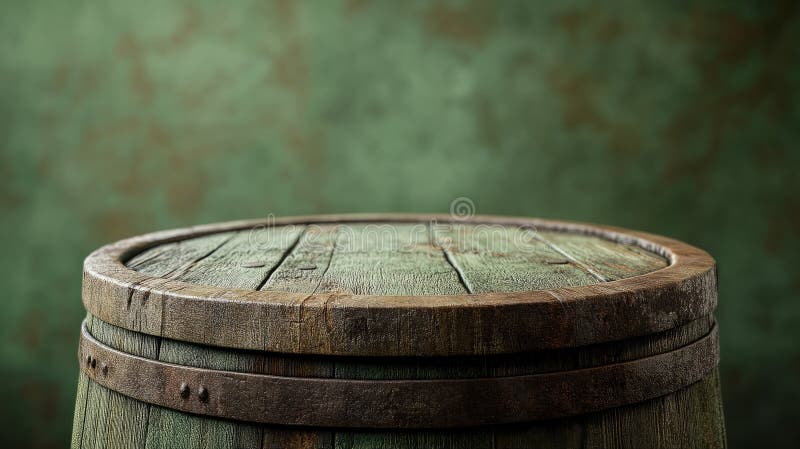 Wooden Barrel Against a Rustic Green Background. Stock Photo - Image of ...