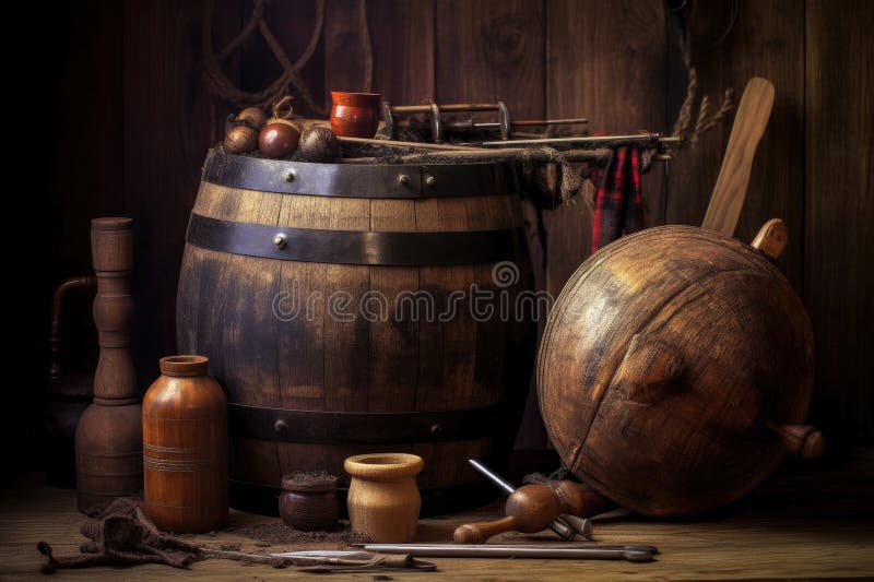 Wooden Barrel with Antique Tools beside it Stock Illustration ...