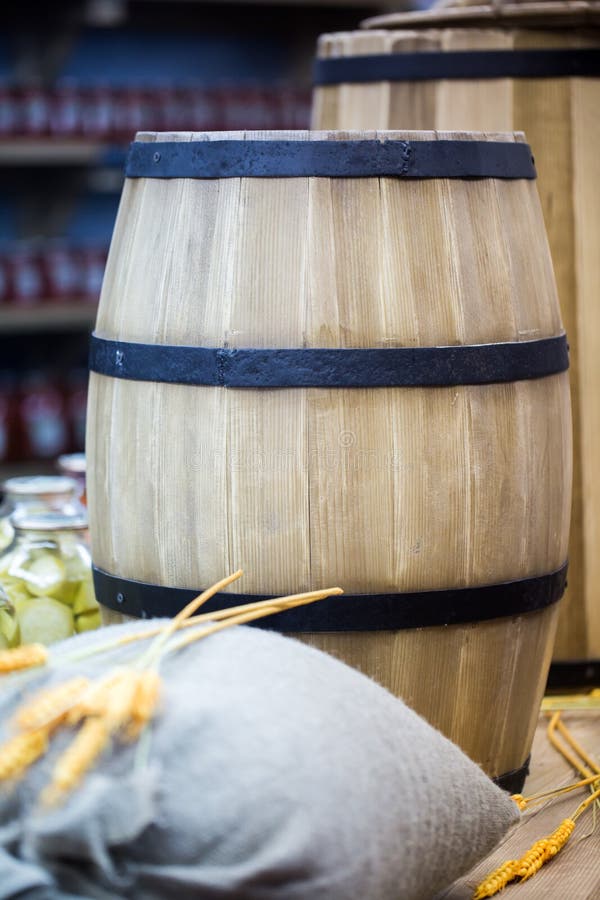 Wooden Barrel, Bag and Wheat on a Wooden Pallet. Stock Photo - Image of ...