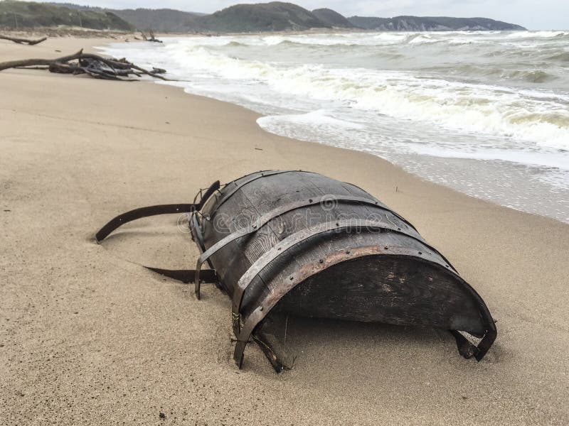 Wooden barrel on beach stock photo. Image of grunge, used - 82223680