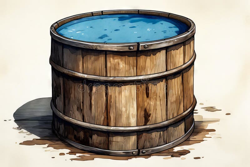 Wooden Barrel with Blue Water Inside of it on Floor. Generative AI ...