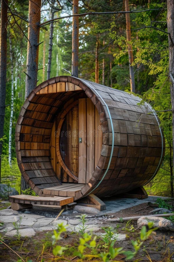 Wooden Barrel Cabin with a Door and a Window Stock Image - Image of ...