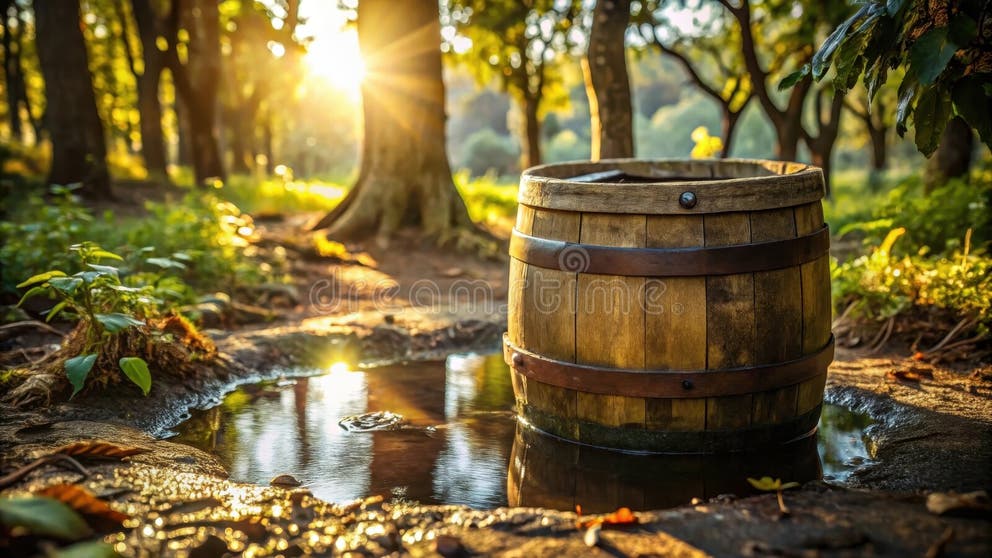 Wooden Barrel by a Forest Puddle at Sunset. Generative AI Stock ...