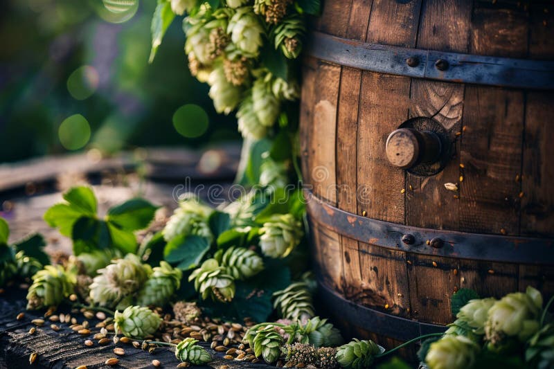 Wooden Barrel with Fresh Hops and Barley, Symbolizing Traditional ...