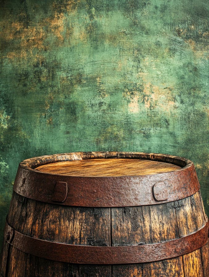 Wooden Barrel with Rustic Green Textured Background Stock Photo - Image ...