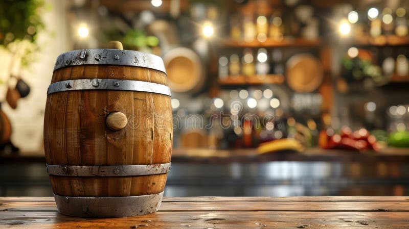 A Wooden Barrel Sits Prominently on a Bar Counter, Surrounded by ...