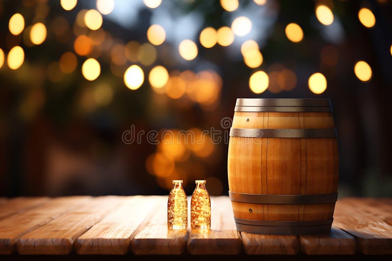 Wooden Barrel and on Table Against Blurred Festive Lights Stock ...