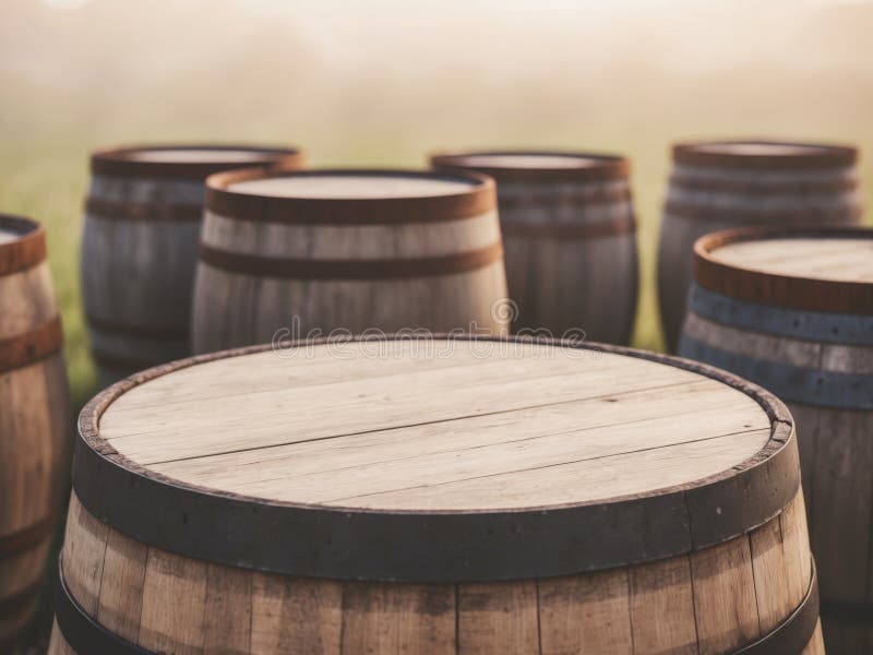 Wooden Barrel Table Top with Blurred Barrels Background. Stock Image ...