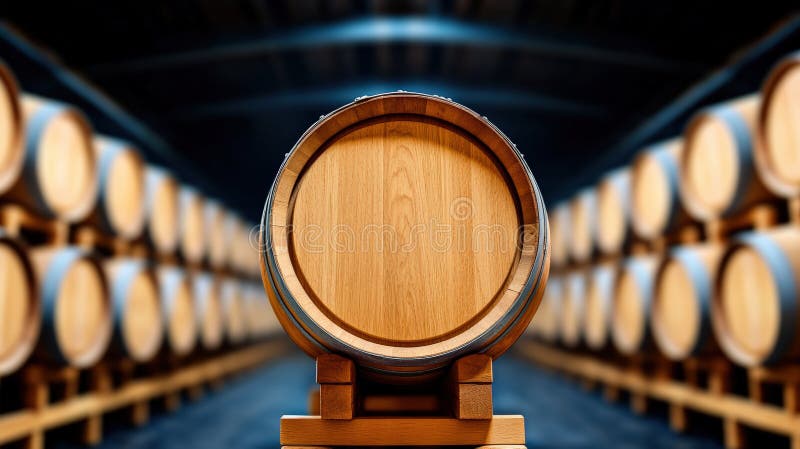 Wooden Barrel in a Wine Cellar, Surrounded by Rows of Other Barrels ...