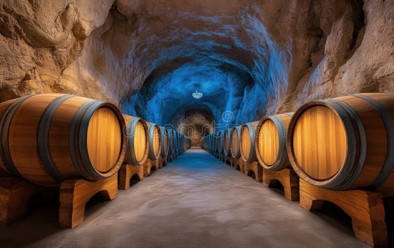 Wooden Barrels Arranged in a Cave Tunnel, Showcasing a Rustic Storage ...