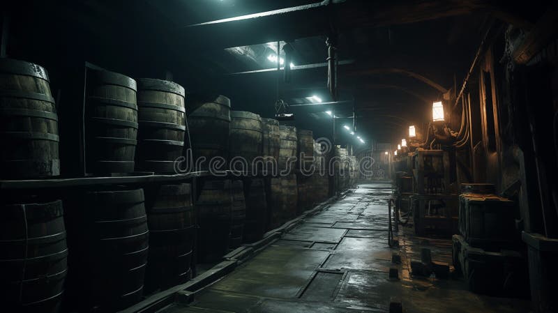 Wooden Barrels in a Barn. Rows of Barrels in a Dark Barn Stock ...