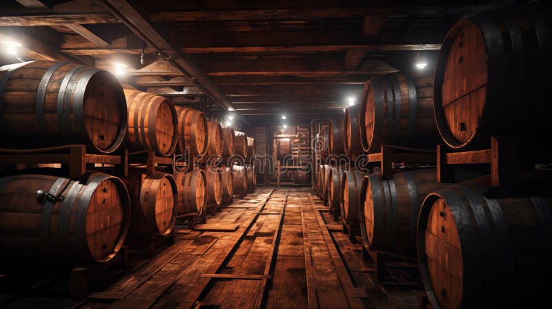 Wooden Barrels in a Barn. Rows of Barrels in a Dark Barn Stock ...