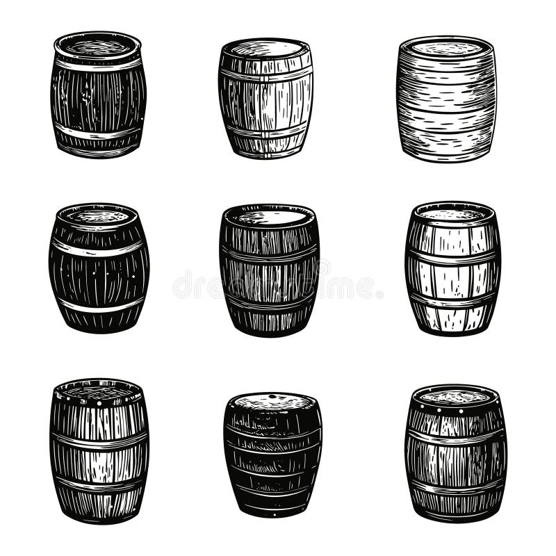 Wooden Barrels of Different Shapes Linocut Print Style Vector ...
