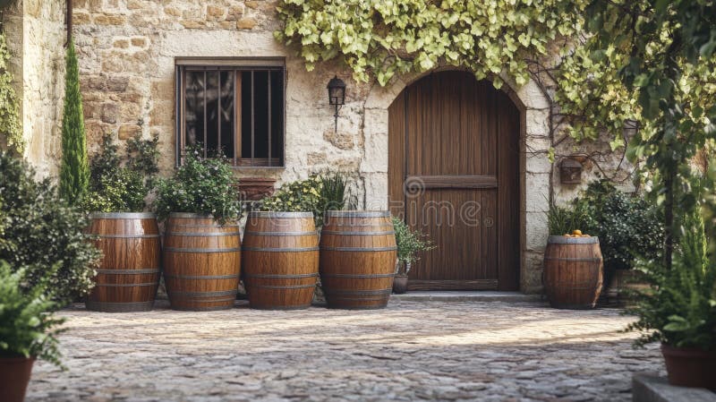 Wooden Barrels in Front of Building Stock Photo - Image of crate ...
