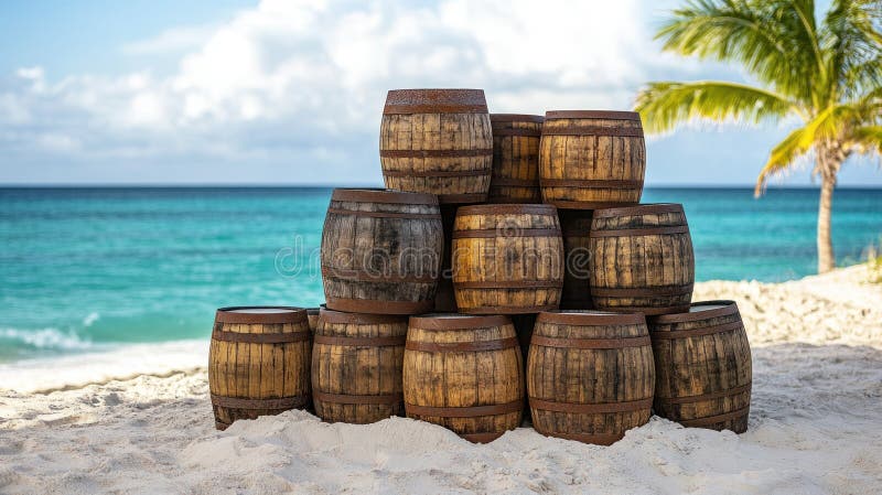 Wooden Barrels on a Tropical Beach Stock Illustration - Illustration of ...