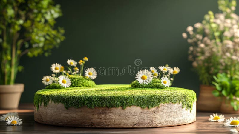 Wooden Base with Moss and Daisies a Spring Scene Stock Illustration ...