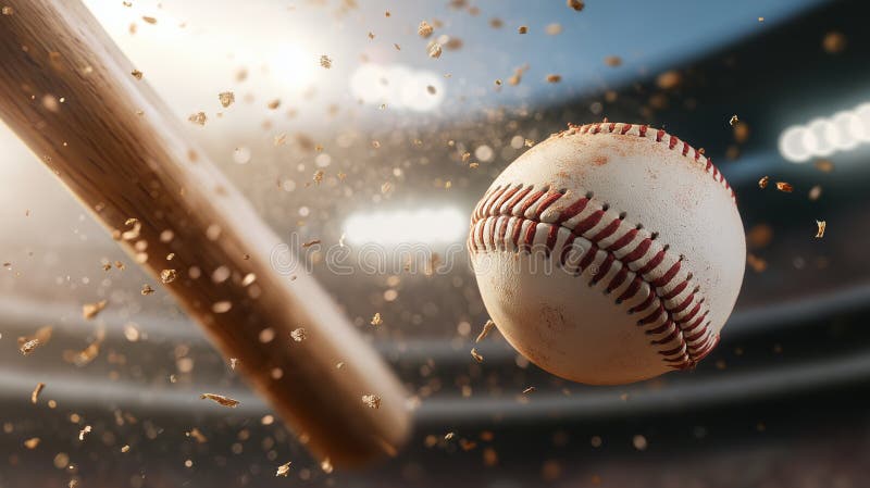 Wooden Baseball Bat Impacting Worn Baseball, Scattering Sawdust ...