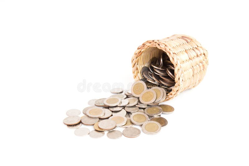 Wooden Basket Handmade and Stack of Coin Isolated on White Stock Image ...
