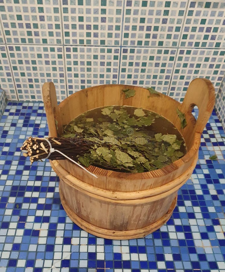Wooden Bath Bucket with Water and Birch Broom Stock Image - Image of ...