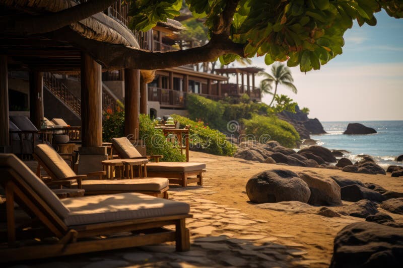 Wooden Beach Chairs on the Sea Beach Rest Zone Generative Ai Stock ...