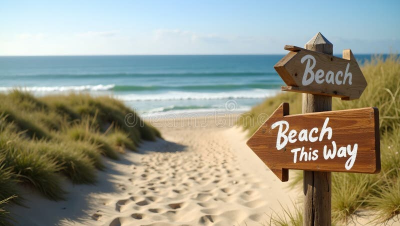 Wooden Beach Sign on Sandy Path with Ocean View Stock Illustration ...
