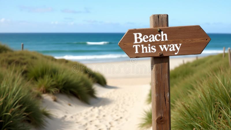 Wooden Beach Sign on Sandy Path with Ocean View Stock Illustration ...