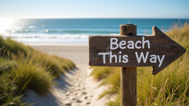 Wooden Beach Sign on Sandy Path with Ocean View Stock Illustration ...