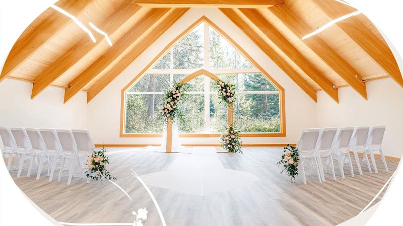 Wooden-beamed Chapel Wedding Ceremony Setup, Forest View Stock Photo ...