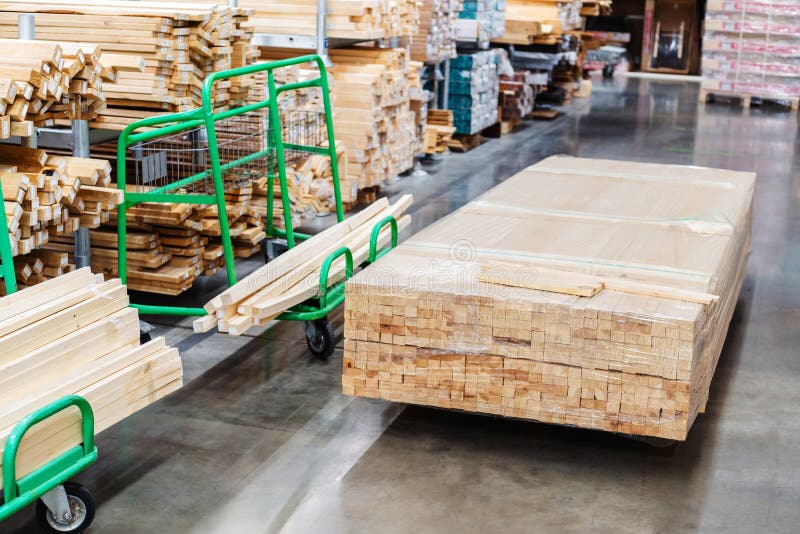 Wooden Beams in a Large Package. Lumber Trade in a Hardware Store Stock ...