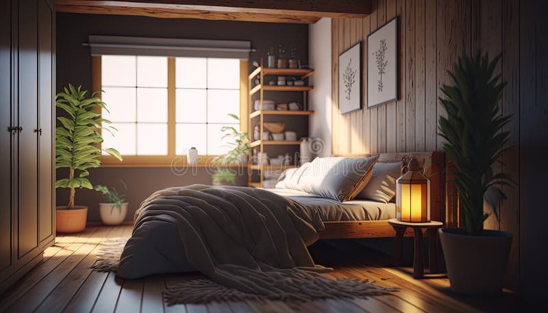 Wooden Bed Room Illustration by Generative AI Stock Illustration ...