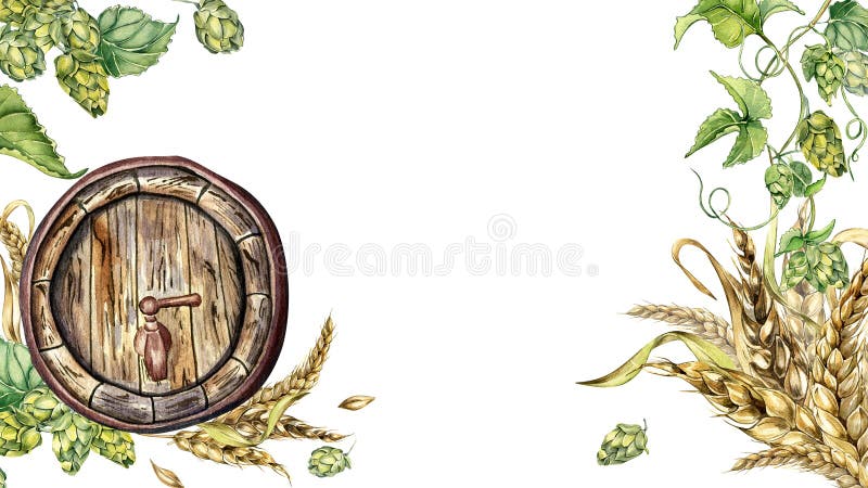Wooden Beer Barrel And Hop Vine Wheat Ear Watercolor Illustration