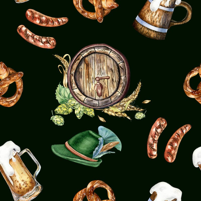 Wooden Beer Barrel And Mug German Hat Watercolor Seamless Pattern