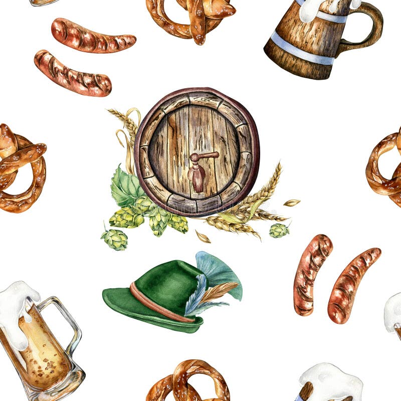 Wooden Beer Barrel And Mug German Hat Watercolor Seamless Pattern