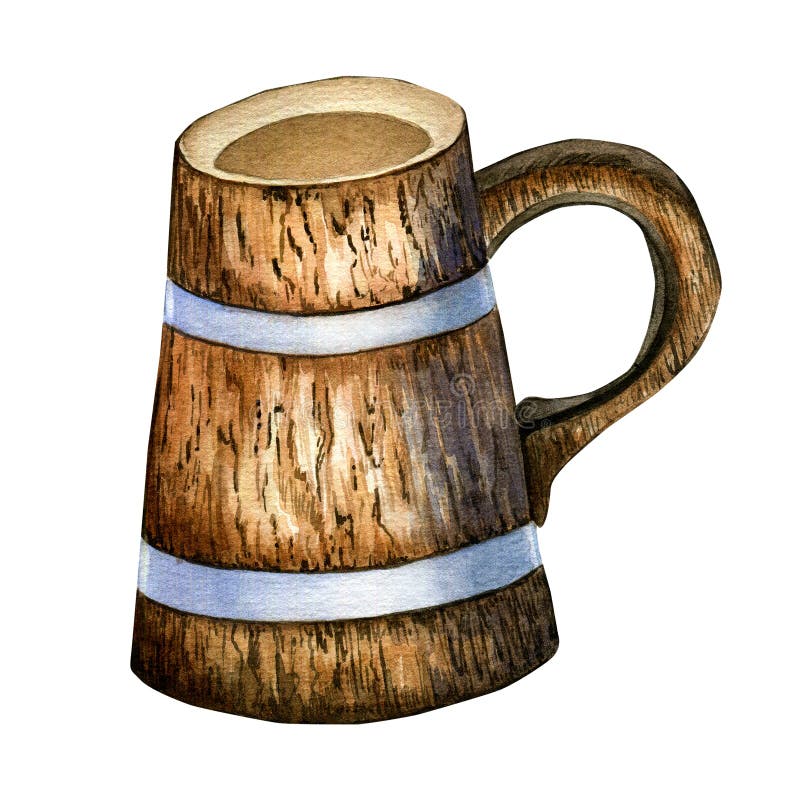Wooden Beer Mug Watercolor Illustration Isolated On White Background