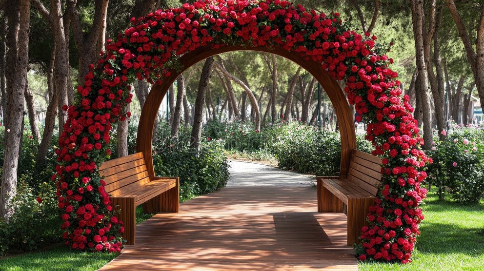 Wooden Bench Arch with Roses in Forested Pathway Setting Stock Image ...