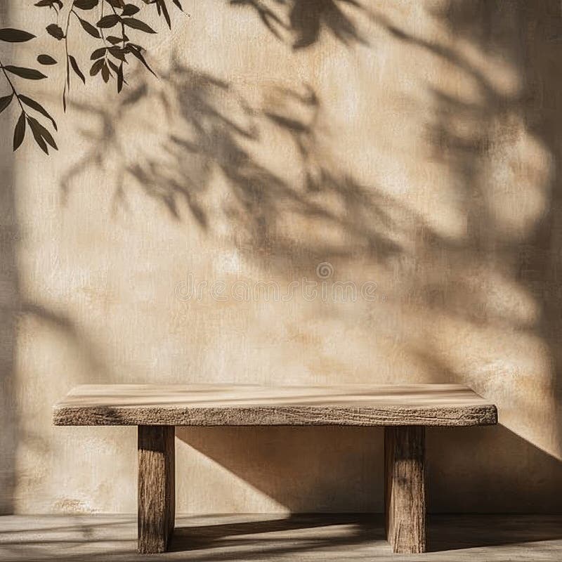 Wooden Bench on the Background of the Wall with a Shadow of the Tree ...