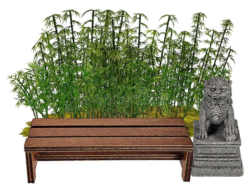 Wooden Bench with Bamboo and Foo Dog Stock Image - Image of strand ...