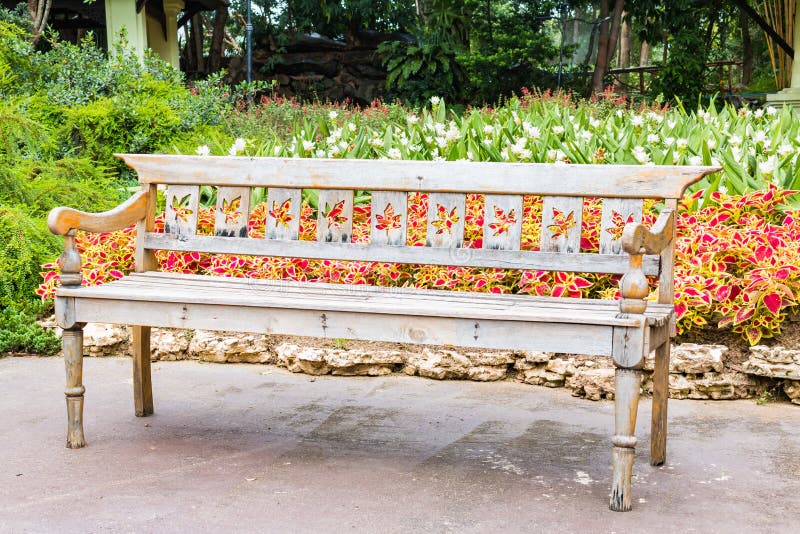 Wooden Bench in Beautiful Garden Background Stock Image - Image of ...