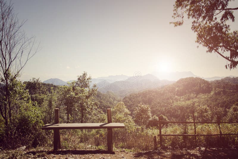 Wooden Bench with Beautiful Mountain View Stock Photo - Image of ...