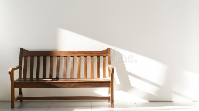 Wooden Bench Casting Shadow on White Wall in Bright Sunlight. Classic ...