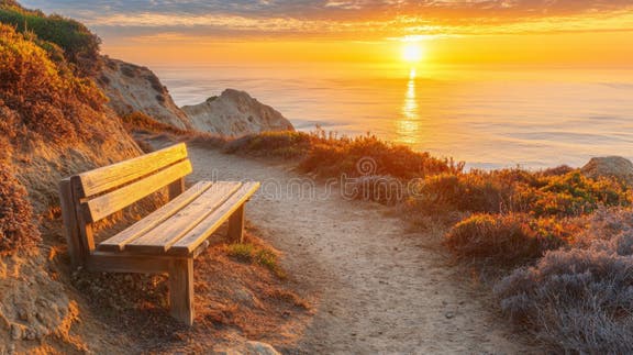 A Wooden Bench on a Coastal Path at Sunset Stock Illustration ...