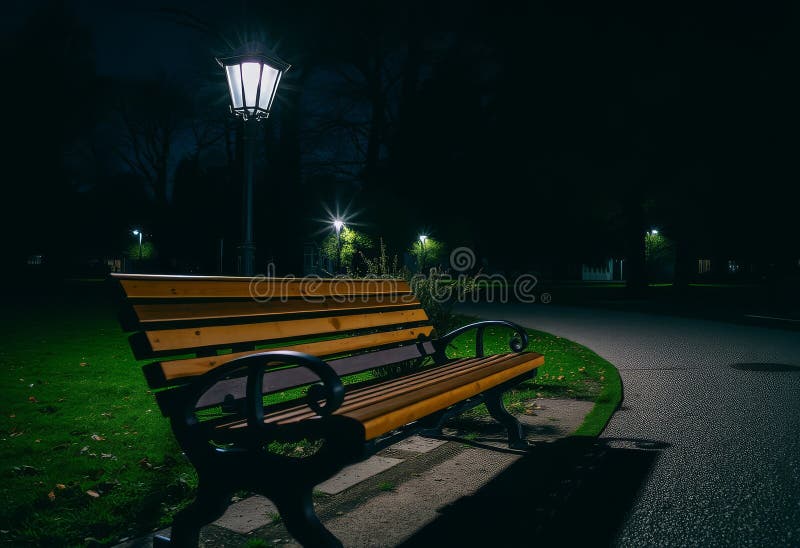 Wooden Bench with Flashlight in Dark Park Stock Illustration ...