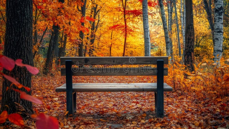 Wooden Bench in a Forest with Autumn Leaves Stock Illustration ...