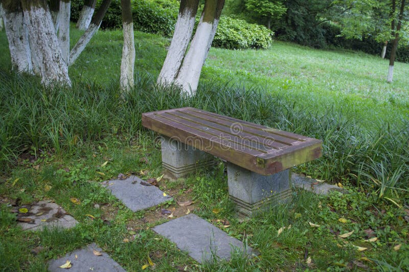 Wooden Bench in Forest Path Stock Image - Image of serene, trails ...